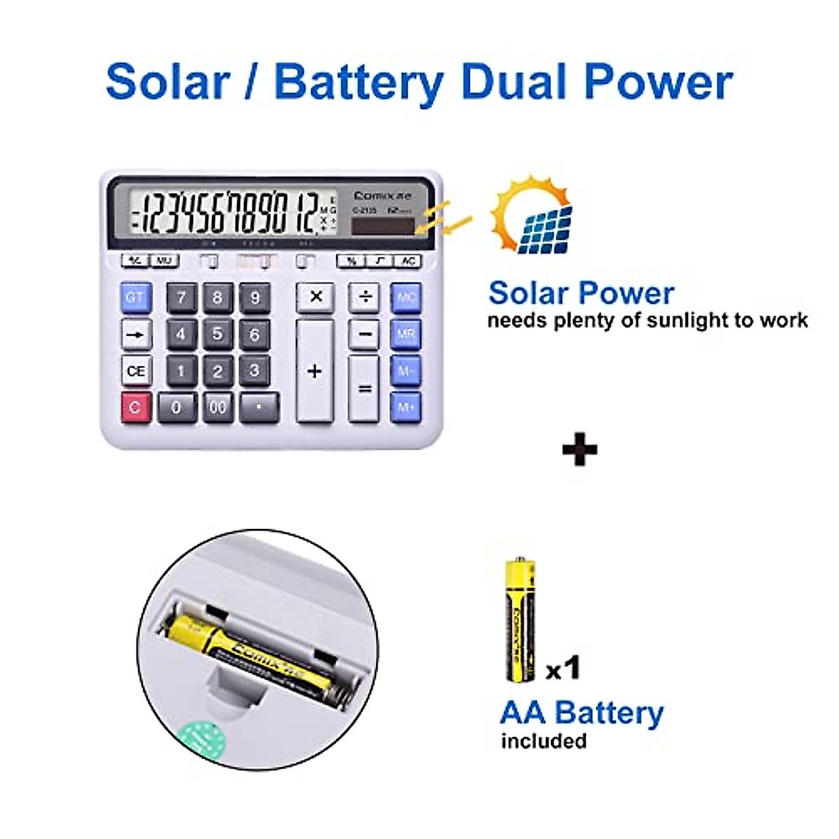 Comix Desktop Calculator Solar Battery Dual Power with 12-Digit Large LCD Display and Large Computer Keys Office Calculator for Home Office School