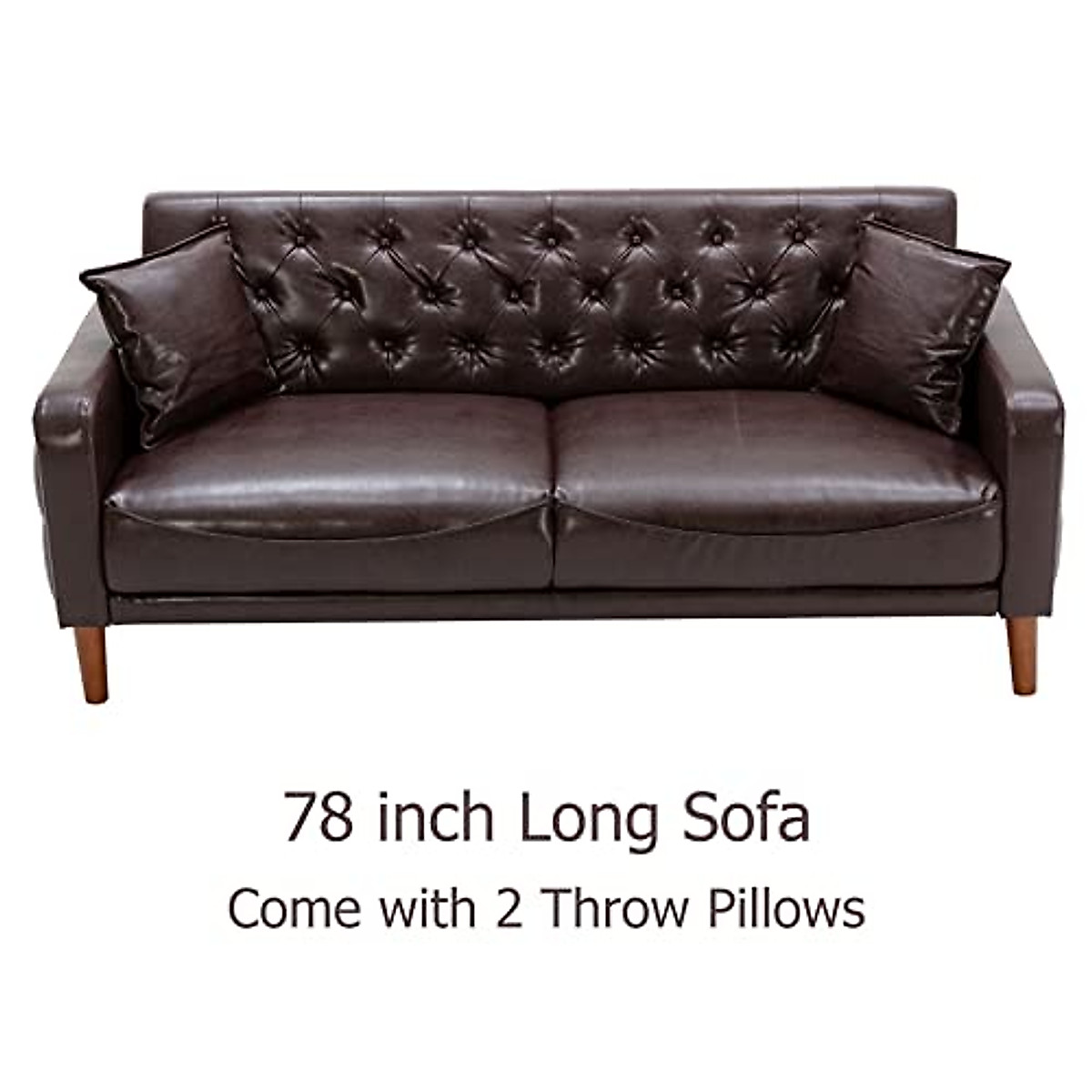 Aoowow Faux Leather Sofas and Couches 78 Inches Long, Mid Century Modern Couch Tufted Back Sofa with 2 Throw Pillows, Armrest and Wooden Legs for Living Room, Apartment, Bedroom (Brown)