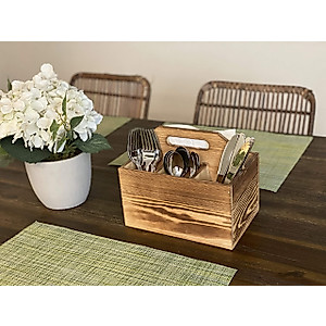 Utensil and Napkin Holder Flatware Caddy with Handle in Rustic Wood for Forks, Spoons and Knives, Silverware Organizer