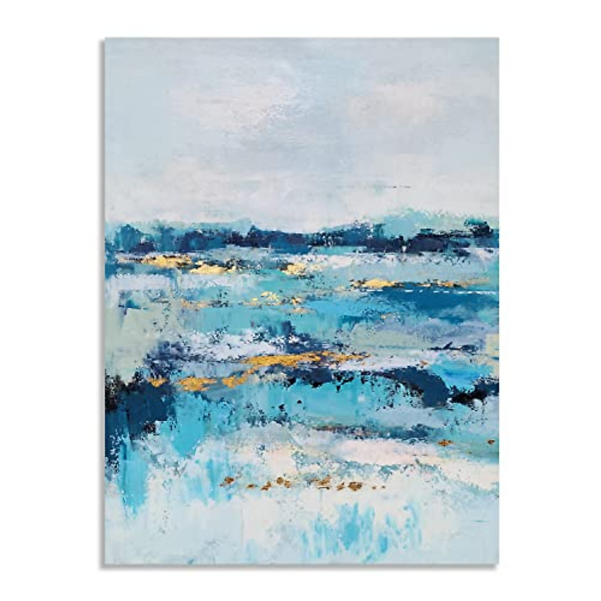 Yihui Arts Abstract Ocean Canvas Wall Art - Blue and Teal Painting with Gold Foil - Modern Coastal Pictures for Living Room Bedroom Kitchen Dinning Decor