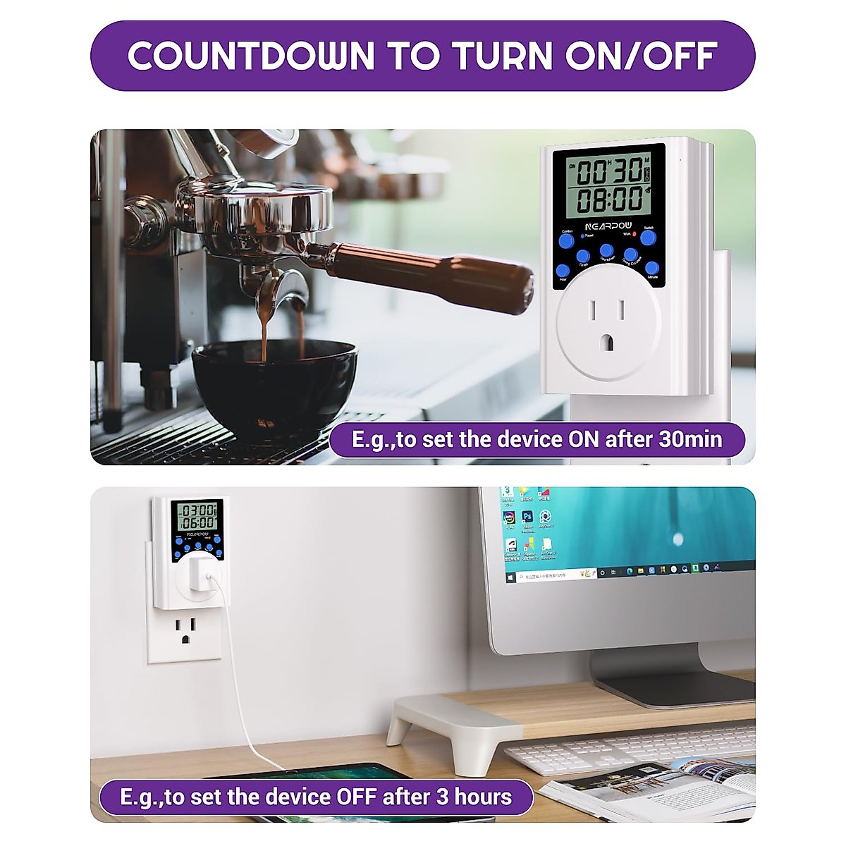 Timer Outlet, Nearpow Multifunctional Infinite Cycle Programmable Plug-in Digital Timer Switch with 3-Prong Outlet for Appliances, 15A/1800W
