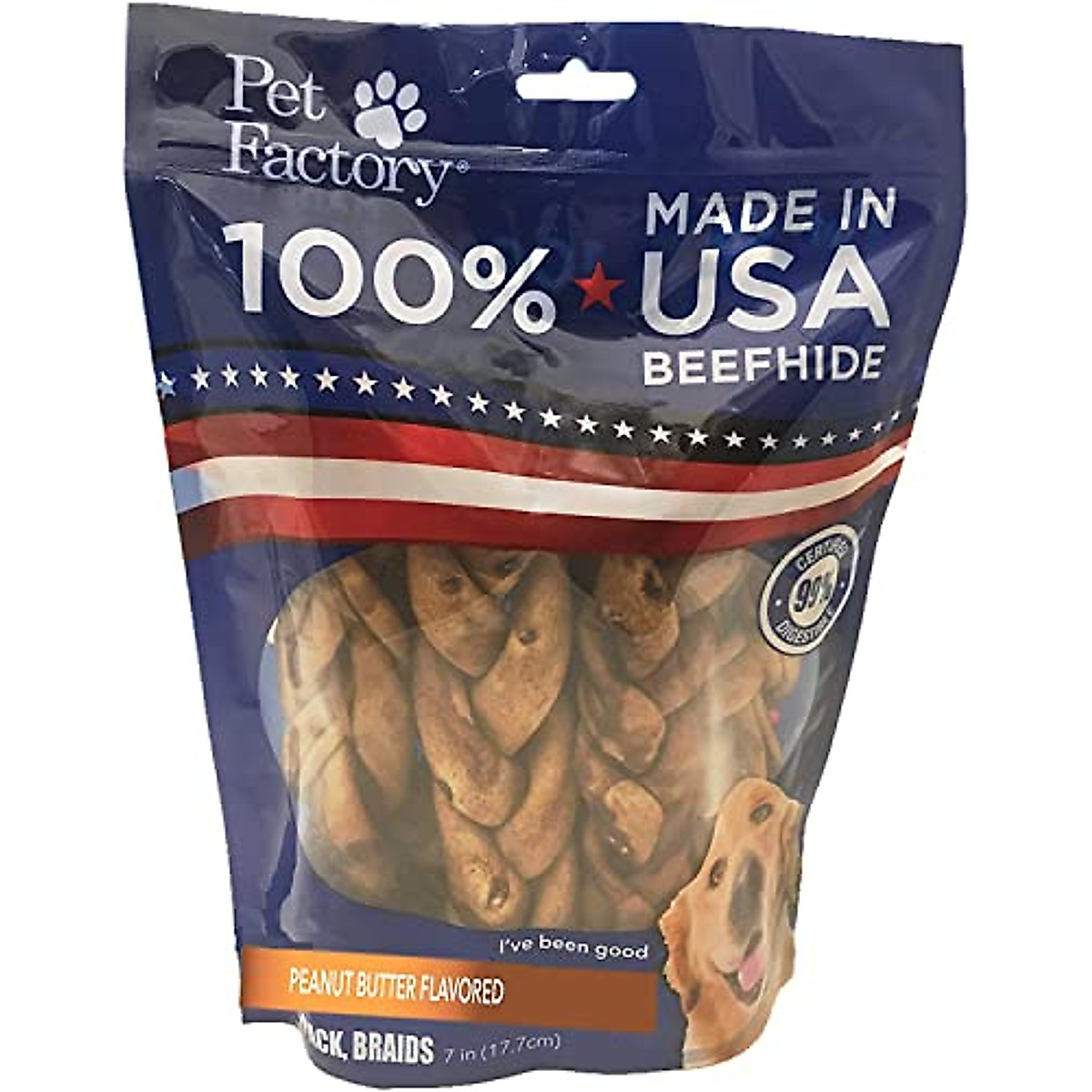 Pet Factory 100% Made in USA Beefhide 7" Braided Sticks Dog Chew Treats - Peanut Butter Flavor, 6 Count/1 Pack
