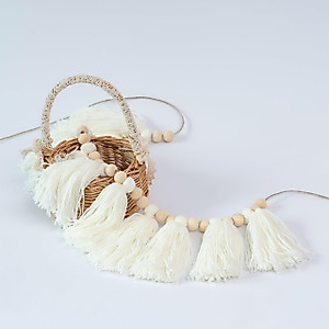 Vgaruint White Yarn Tassel Banner - Cream Wood Bead Tassel Garland Boho Decor, Beaded Tassel Bunting for Home, Boho Nursery Wall Hanging,Christmas Decor,Baby Bridal Shower Party Supplies