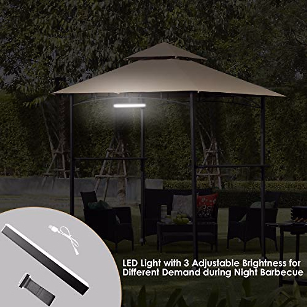 Tangkula 8' x 5' Grill Gazebo, Outdoor Patio Barbecue Gazebo Shelter with LED Lights, 2-Tier Canopy Top Cover Grill Gazebo with Sturdy Steel Frame, Ideal for Gatherings, Parties (Khaki)