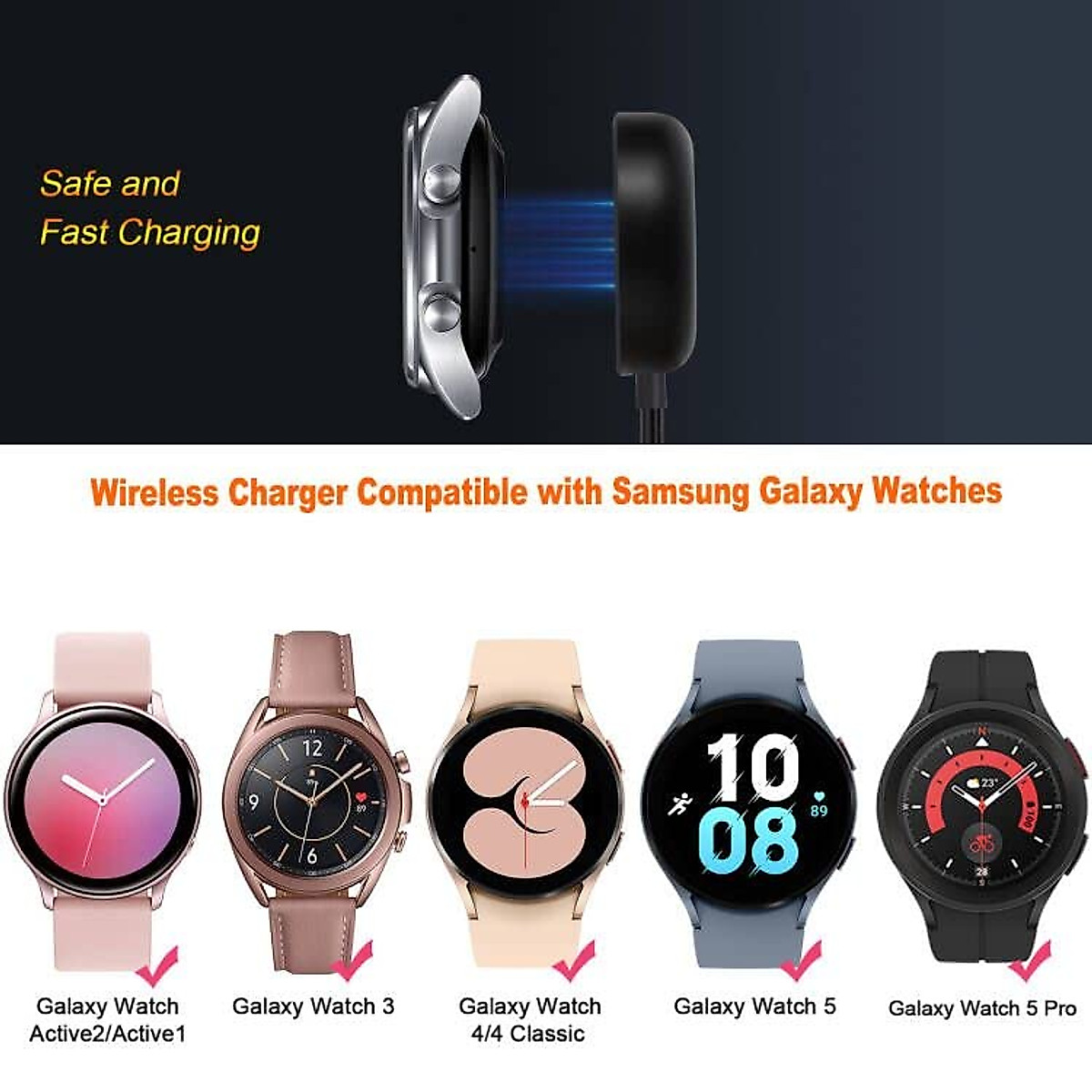 YiJYi Compatible with Samsung Galaxy Watch 6/6 Classic/ 5/5 Pro/4/4 Classic/3/Active 2/Active,1-Pack Replacement USB Wireless Charging Cable Dock Stand for Galaxy Watch Accessories