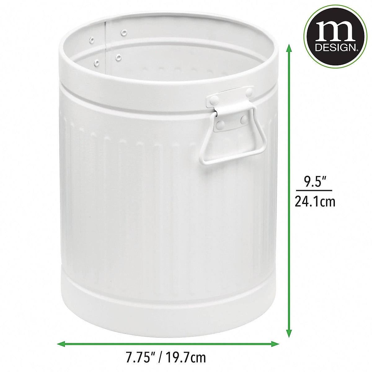 mDesign Steel Metal 2 Gallon/7 Liter Trash Can Wastebasket, Garbage Bin with Handles for Bathroom, Kitchen, Bedroom, Office - Holds Trash, Waste, Garbage, Recycling - White