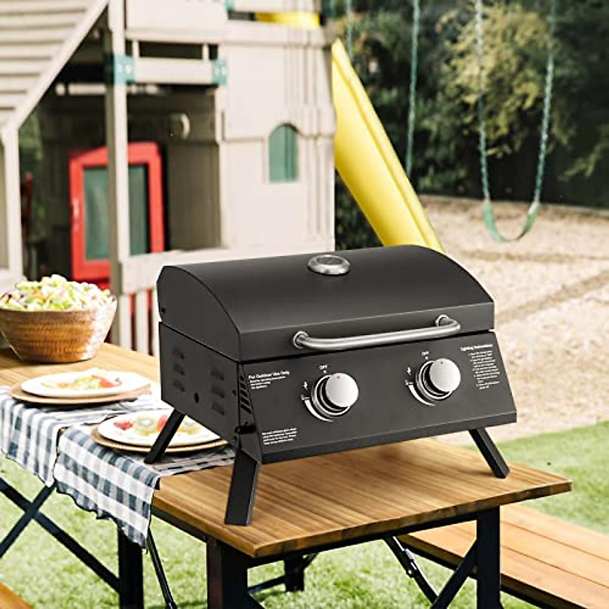 COSTWAY Portable Gas Grill, 20,000 BTU Tabletop Barbecue Grill with 2 Burners, Dual Temperature Control, Folding Legs, Built-in Thermometer, Propane Gas Grill for RV Backyard BBQ Camping Patio, Black