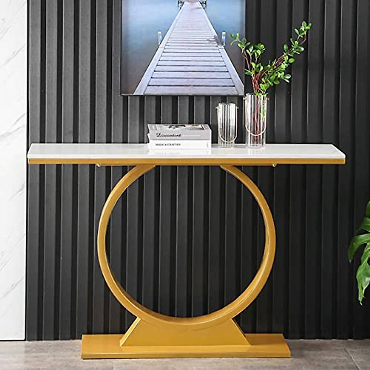 WebErt Coffee Table White Marble Narrow Table, 31.4 Inch Console Table with Metal Base, Foyer Table for Living Room, Entryway Side Table