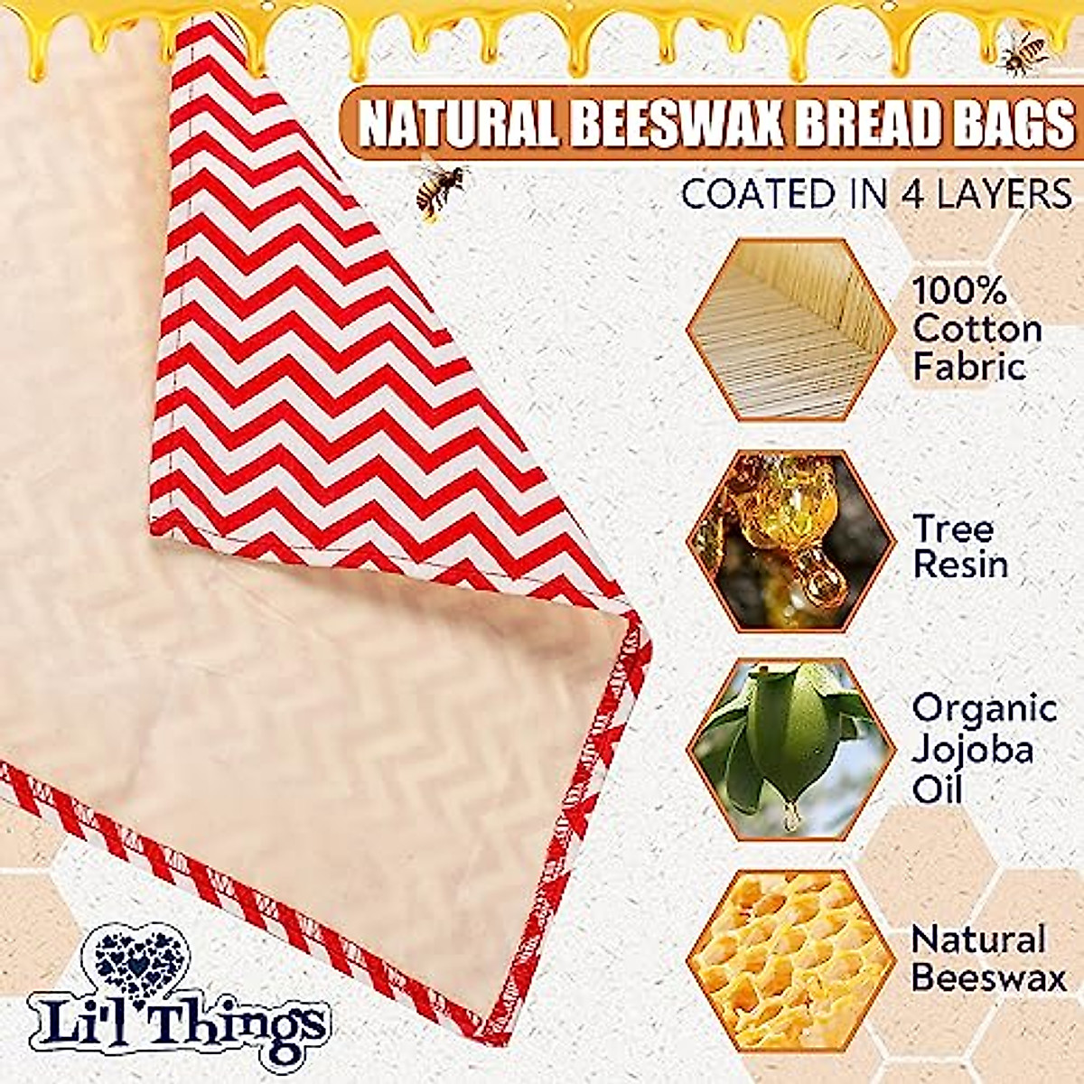 Li'l Things Eco-friendly Reusable Beeswax Bread bags | Set of 2 Sizes 13'x13' & 15’x 9’ | 6 Different Themes | Perfect Bag for Home-Baked | Store-Bought Bread | No Plastic | Red Zig Zag