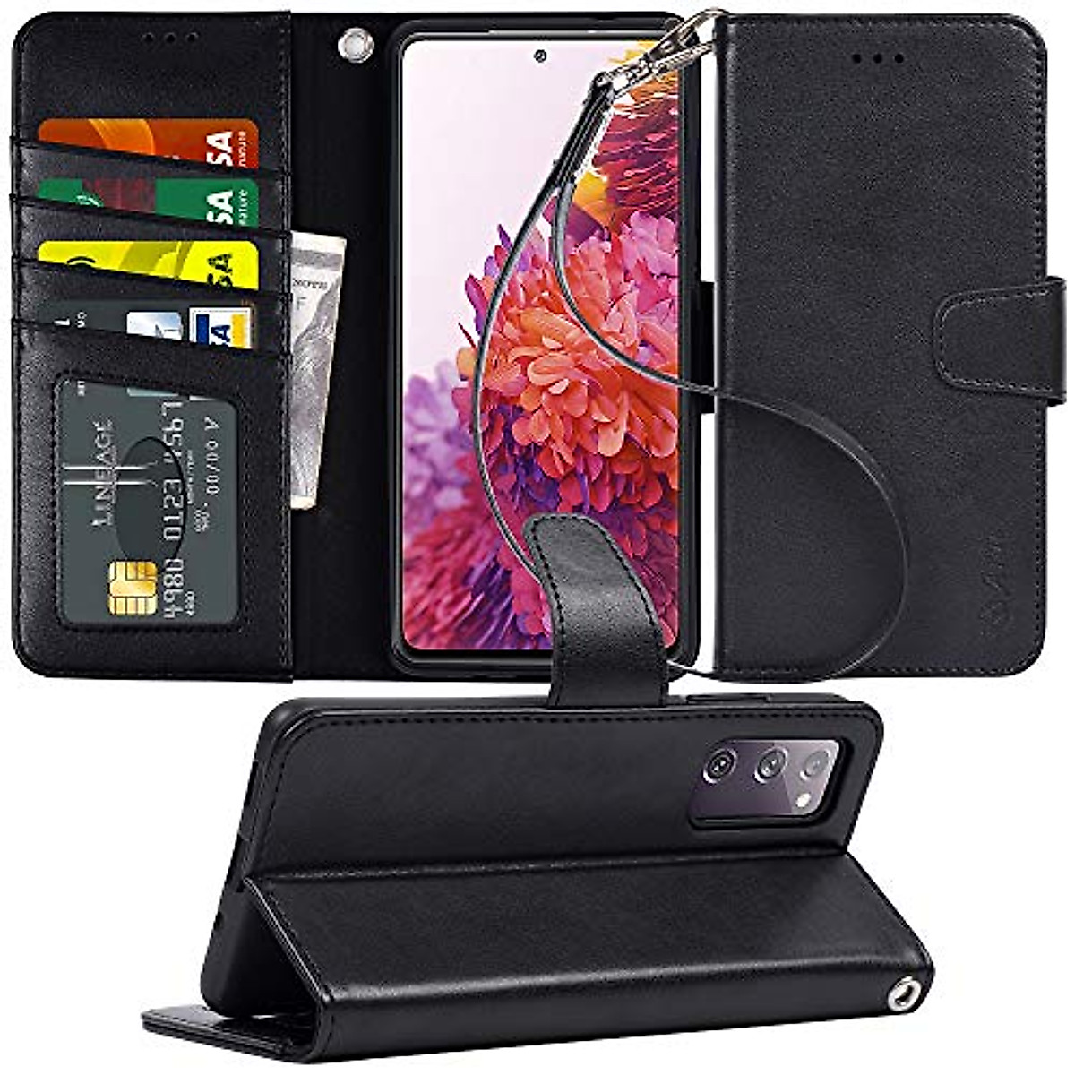 Arae Case for Samsung Galaxy S20 FE 5G PU Leather Wallet Case Cover [Stand Feature] with Wrist Strap and [4-Slots] ID&Credit Cards Pocket for Galaxy S20 FE 5G 6.5 inch - Black