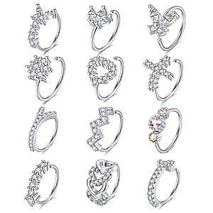 Tornito 10Pcs Nose Ring Hoop Paved Flower Leaf Feather CZ Cartilage Earrings Nose Piercing Jewelry for Women Men Silver Gold Rose Gold Tone 20G (H: Silver Tone)