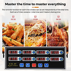 BEAMNOVA 8-Channel Digital Kitchen Timer Commercial Cooking Fryer Reminder Loud Ring Alarm Stainless Steel Adjustable Volume