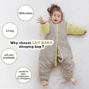 LAT Baby Sleep Bag with Feet Winter, Wearable Blanket with Legs, Warm Sack for Toddler Thicken 2.5 TOG-Sleepsuit Removable Sleeves,0-4T(Gray+Green Zebra,S)