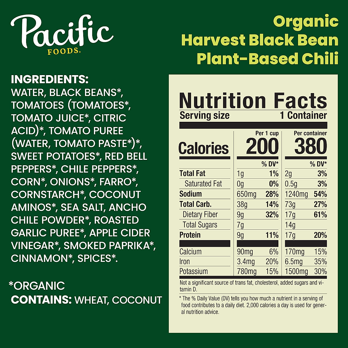 Pacific Foods Organic Harvest Black Bean Chili, Plant Based, 16.5 oz Can