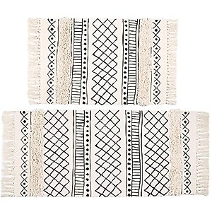 SHACOS Tufted Cotton Area Rugs Set of 2 Woven Cotton Rug Runner Set with Tassels Washable Boho Farmhouse Throw Rug for Kitchen Bathroom Bedroom Laundry Room (2x3'+2x4'4", Tufted Geometric)