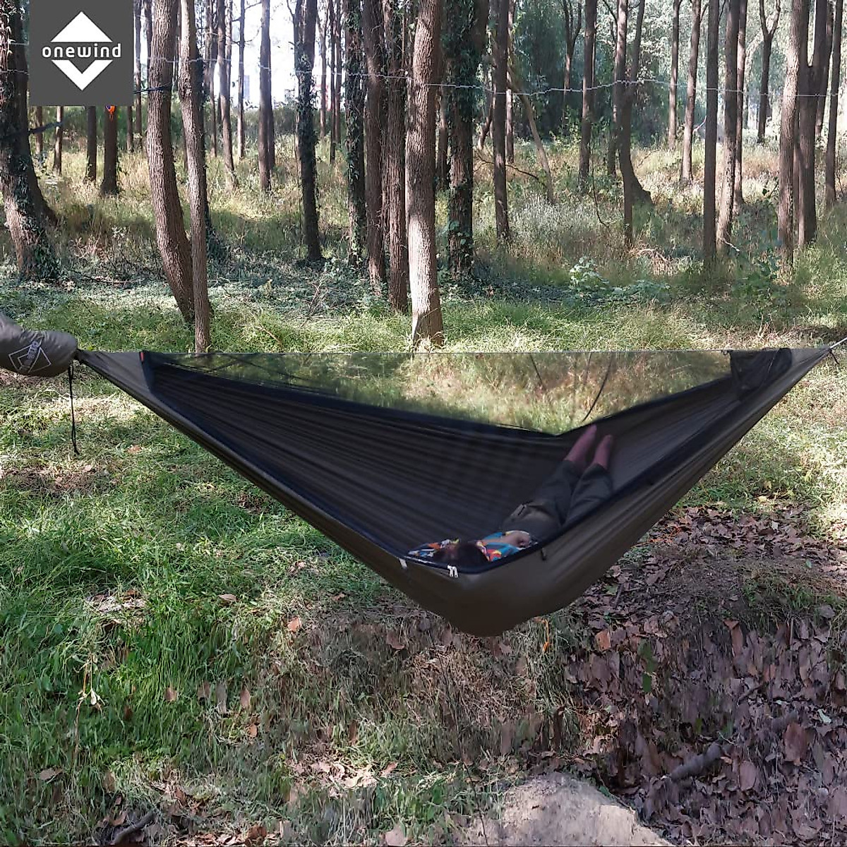 Onewind 11Ft Camping Hammock with Mosquito Net and Structure Ridgeline, Lightweight Portable Double Hammock with 12ft Tree Straps, Ideal for Camping, Hiking, Backpacking, OD Green