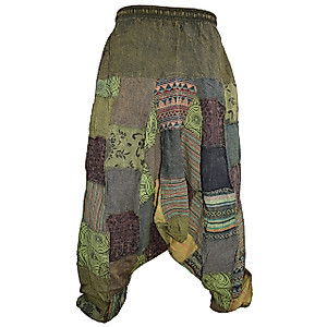 Mens Patchwork Stone Washed Yoga Bohemian Baggy Printed Harem Pants Green LXL