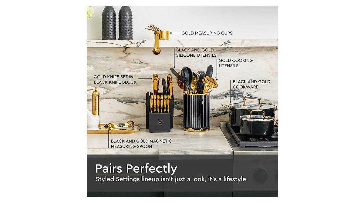Elegant Black and Gold Knife and Utensil Set - 21 Piece
