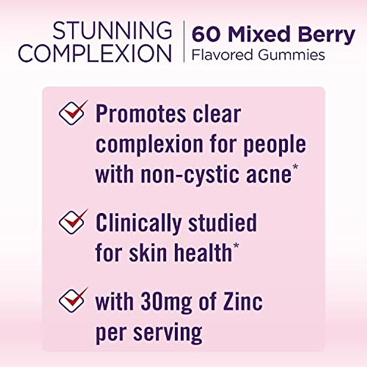 Nature's Bounty Stunning Complexion Skin Care Dietary Supplement Gummies Optimal Solutions, 30 mg Zinc, Mixed Berry Flavor, 60 Count