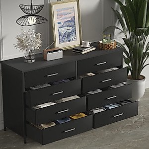 IKENO 8 Drawer Dresser for Bedroom, Industrial Wood Dresser Wide 8 Chest of Drawers, Wooden Storage Organizer Dresser with Sturdy Steel Frame (Black)