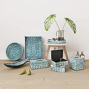 Mother of Pearl Inlay Round Serving Tray | Coffee Table Wooden Tray w Insert Handles - Luxury Decorative Platters for Party, Dinner, Breakfast in Bed - by MadeTerra (Round-Teal)