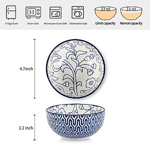 Selamica Ceramic 12 OZ Dessert Bowls Set, Cereal Bowls for Kitchen, 4.7 Inch Small Bowls for Ice Cream, Snack Side, Dishes Rice, Microwave Dishwasher Safe, Set of 6, Vintage Blue