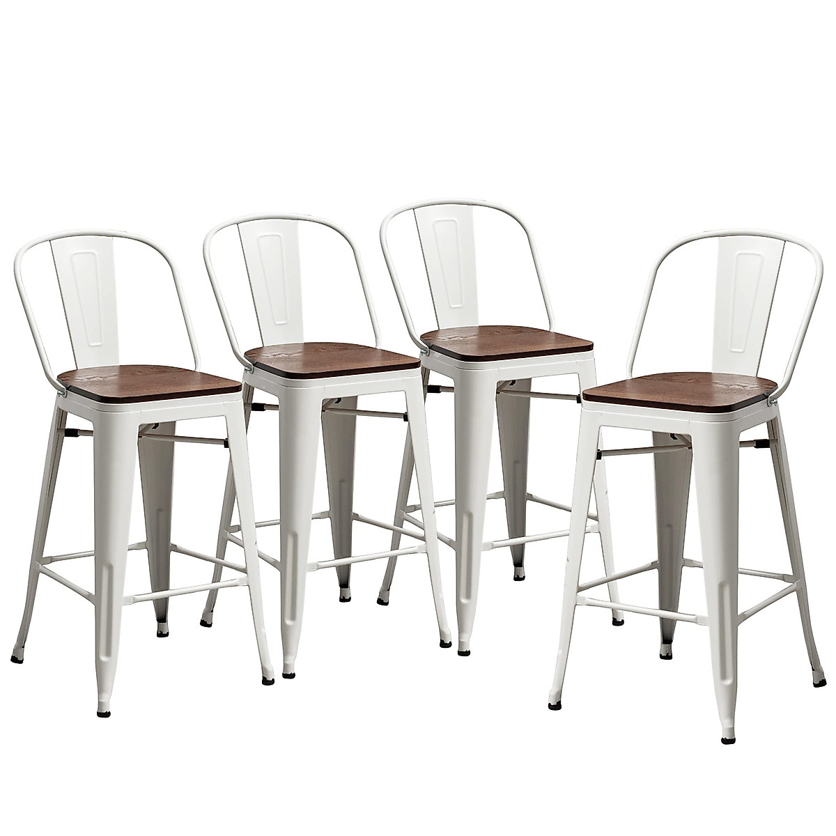 Yongqiang 24" Metal Bar Stools Set of 4 Kitchen Counter Height Bar Chairs High Back Farmhouse Barstools with Large Wooden Seat Cream White