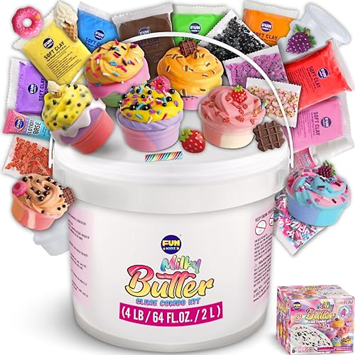 4 LB Milky Butter Slime Bucket Gift for Girls, FunKidz 64 FL OZ Huge White Premade Scented Slime Kit Toy with 29 Variety Add-Ins Perfect Birthday Present for Kids Age 6+