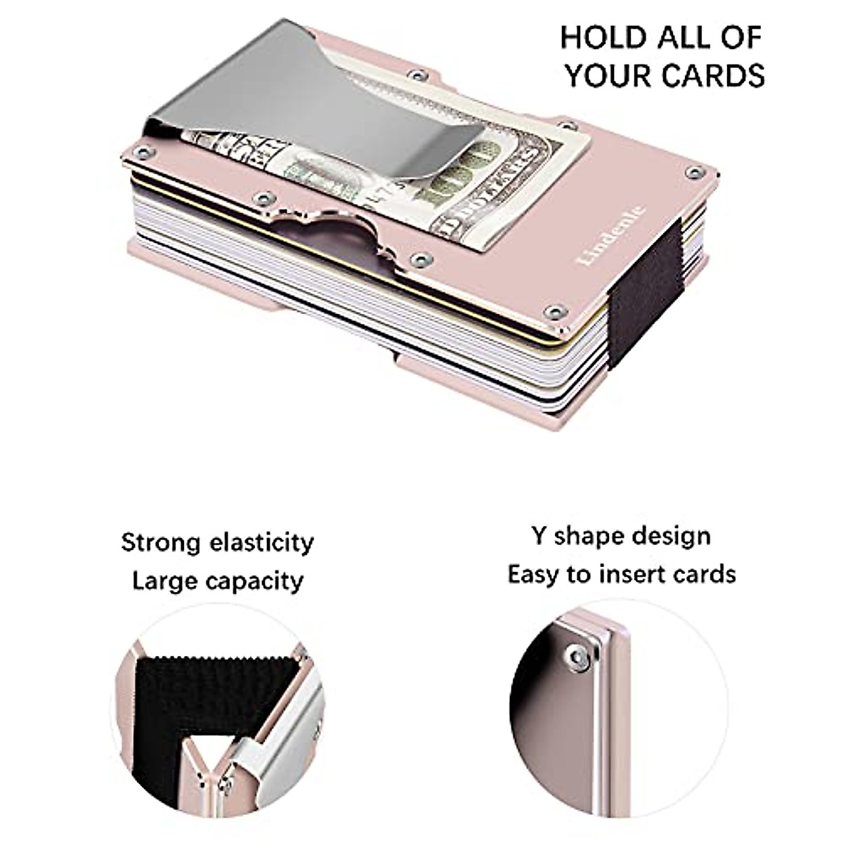 Lindenle Minimalist Wallet Small Card Holder Slim Front Pocket Wallet RFID Blocking Money Clip Women Men (Rose Gold)