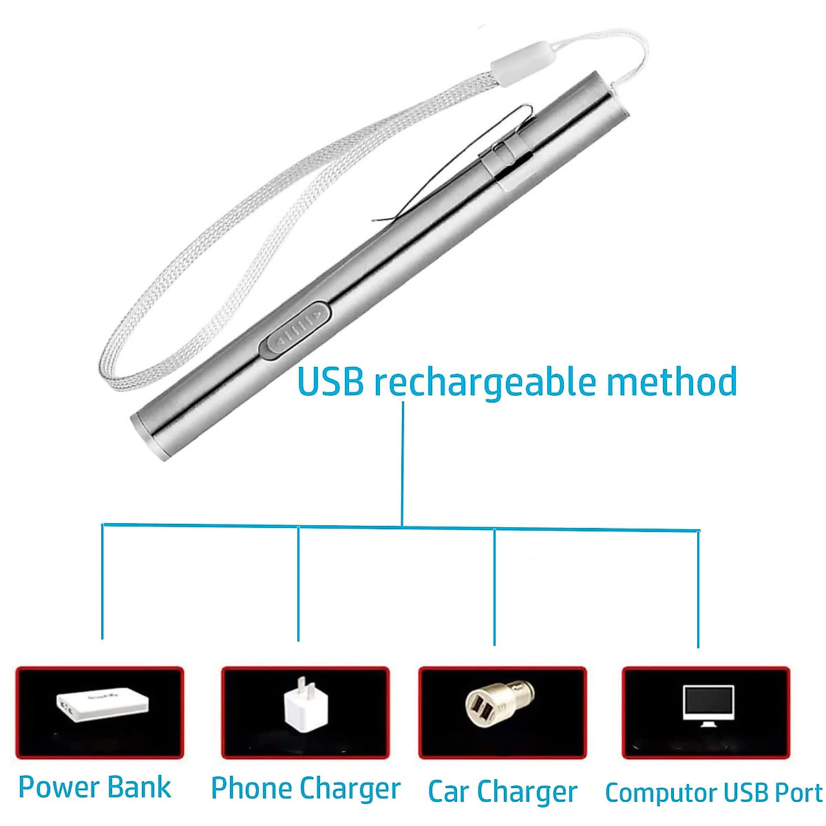 yuentoen Pen Light Flashlight, Rechargeable LED Super Bright Flashlight with Stainless Steel Clip and USB Cable for Home Camping Outdoor and Emergency - Silver