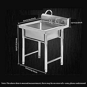 Free-Standing Commercial Stainless Steel Sink 1 Compartment with Bracket Extra-Thick Portable Stainless Steel Hand Washing Sink Suitable for Garage Kitchen Laundry Room