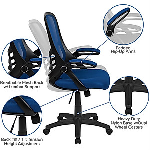 Flash Furniture Porter High Back Mesh Ergonomic Swivel Office Chair with Lumbar Support, Flip-Up Arms, Tilt Lock/Tilt Tension, Height Adjustable, Blue/Black Frame