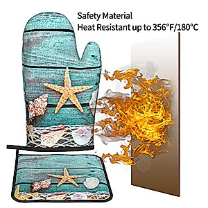 Pretty Turquoise Blue Nautical Oven Mitts and Pot Holders Sets Heat Resistant Kitchen Microwave Gloves for Baking Cooking Grilling BBQ