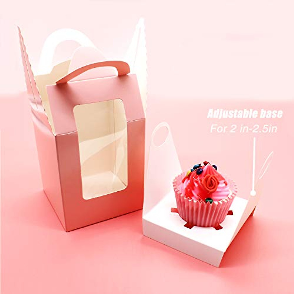 25 Pcs Pink Paper Cupcakes Boxes,Portable Single Individual Cupcake Gift Boxes with Window Inserts Handle for Wedding Candy Boxes (Pink)