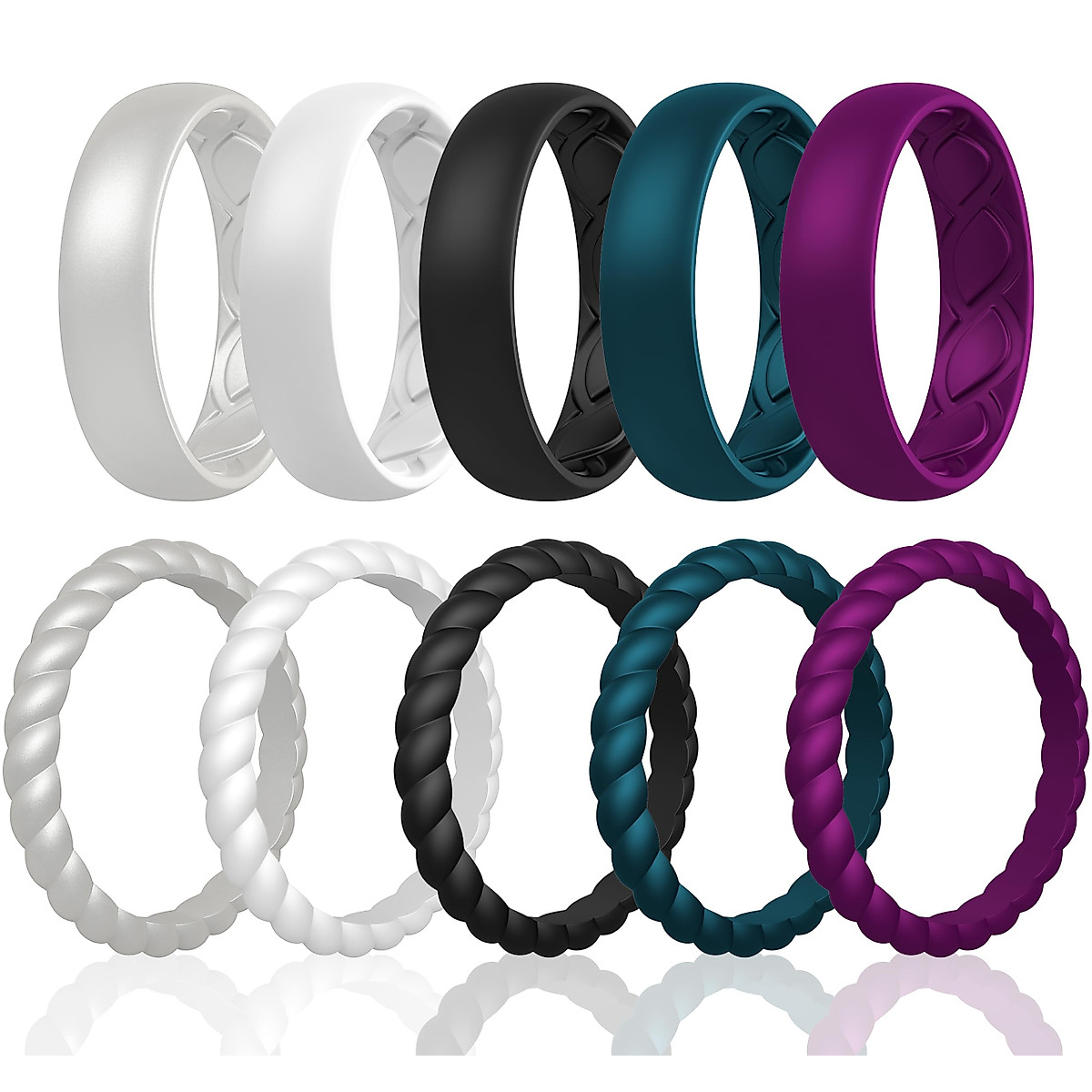 Saco Band Silicone Ring Wedding Band for Women - 10 Pack Ring Set (White, Black, Pearl Silver A, Dark Teal B, Purple 2613 - Size 6.5-7 (17.35mm))