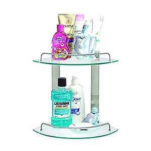MODONA Double Corner Glass Shelf with Rail – Satin Nickel – 5 Year Warrantee