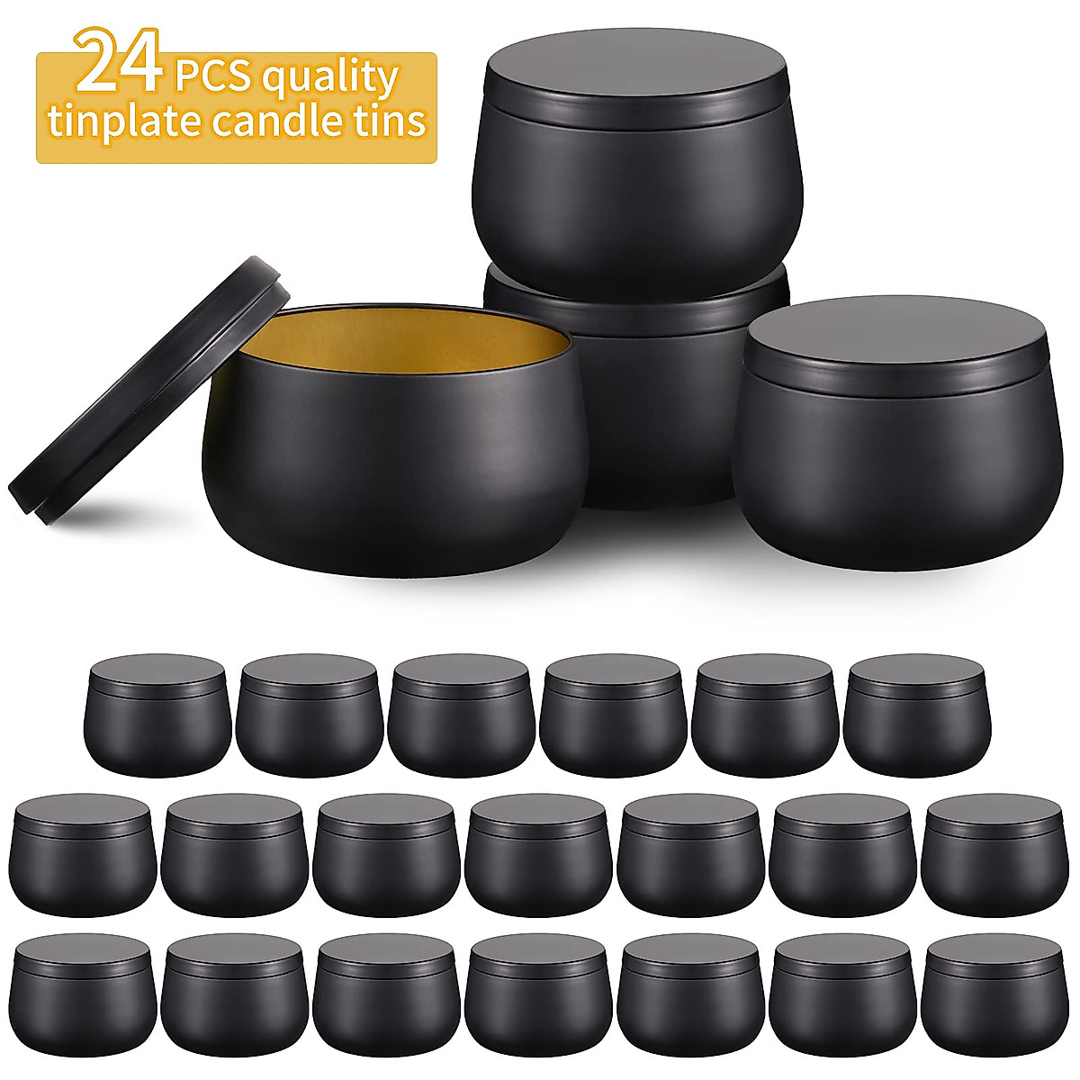 Candle Tin with Lids Candle Jars Portable Round Candle Tin Container Large Candle Metal Tin with 24 Thank You Sticker for DIY Bulk Candle Making Kitchen Candy 24 Pieces 8 oz (Black)