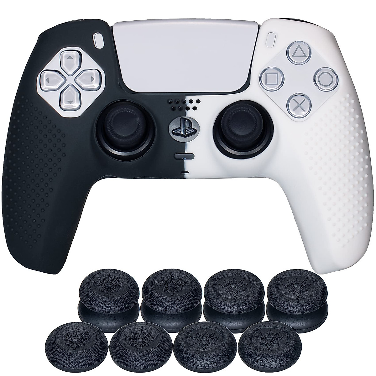 YoRHa Studded Silicone Cover Skin Case for PS5 Controller x 1(Black&White) with Pro Thumb Grips x 8