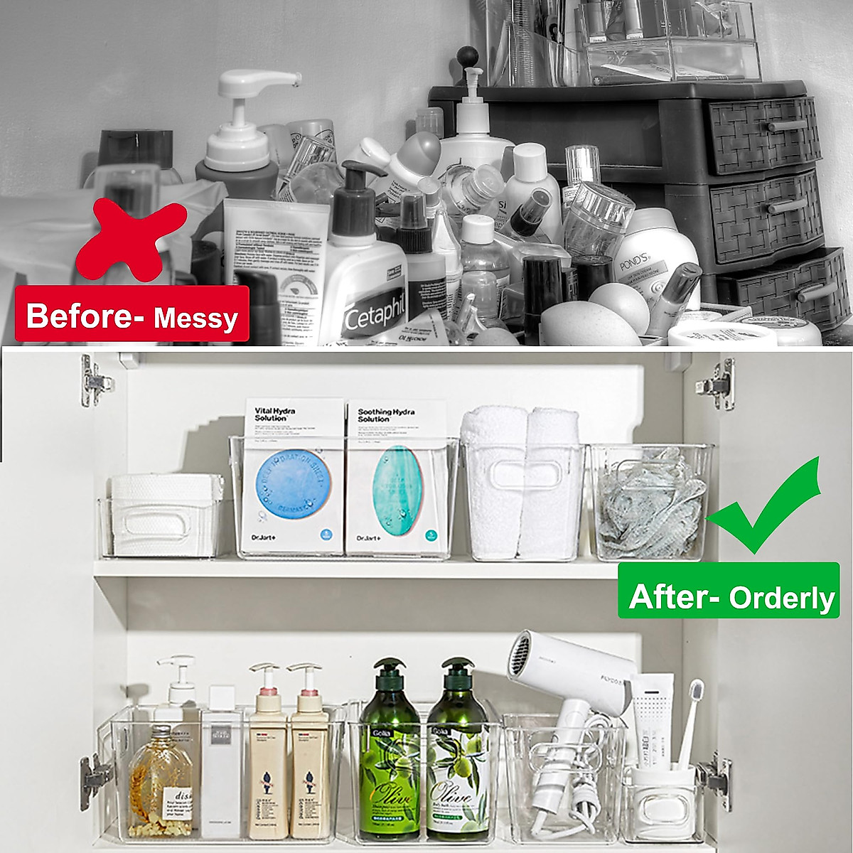 Yipaga Set of 8 Clear Plastic Storage Bins, Stackable Storage Containers for Pantry Organization and Kitchen Storage Bins, Refrigerator Organizer Bins with Handle, Home Edit Cabinet Organizers