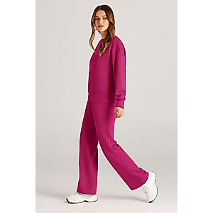 PRETTYGARDEN Women Two Piece Sweatsuits 2024 Long Sleeve Pullover Tops Wide Leg Pants Sets Matching Sweat Outfits (Rose Red,Large)