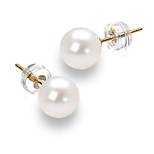 8mm Pearl Earrings 14K Gold White Freshwater Cultured Pearl Stud Earrings for Women - AAAA Quality (yellow-gold, 8.0mm)