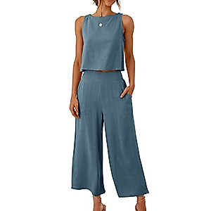 ANRABESS Women's 2 Piece Outfits Summer Sleeveless Tank Crop Button Back Top Cropped Wide Leg Pants Set Matching Loungewear Set Spring Clothes Beach Vacation 546Hulv-M