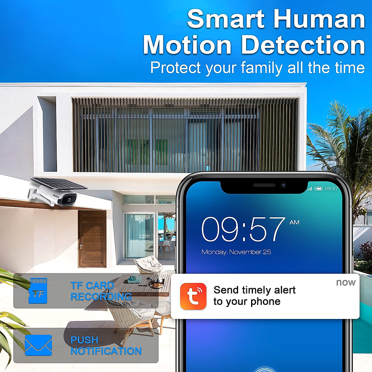 AMTIFO Security Cameras Wireless Outdoor Home Motion Detection Solar WiFi Surveillance Camera System Two Way Audio HD 1080P Video Cam Battery Night Vision W6