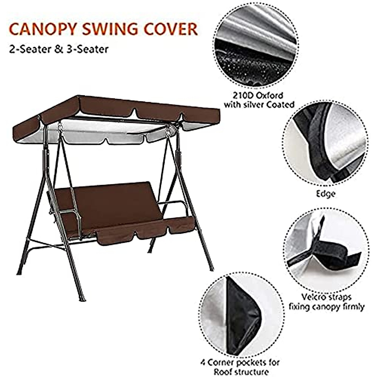 XYQSBY Patio Swing Canopy Waterproof Top Cover Set,Replacement Canopy Swing Cover for 2-Seater-Swing Chair All Weather Protection Outdoor Awning Sunproof Lawn/Garden Brown