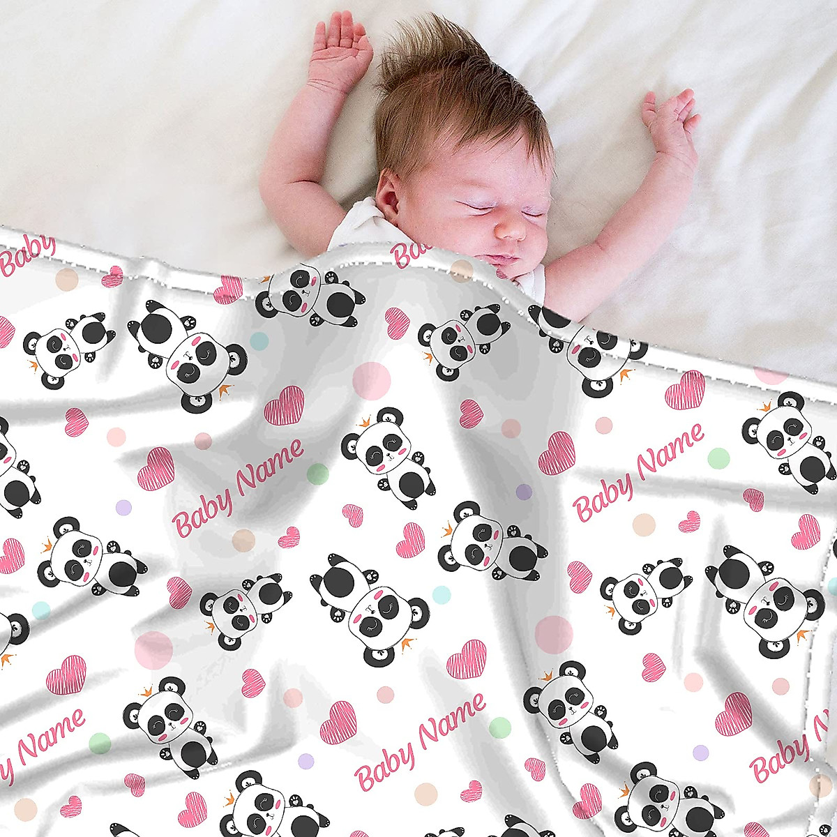 Personalized Cute Panda Printed Minky Baby Blanket with Name, Custom Panda Hearts Patterns Toddler Bedding Blanket for Baby Girls, Birthday Gifts for Newborn Infant, 30" X 40"