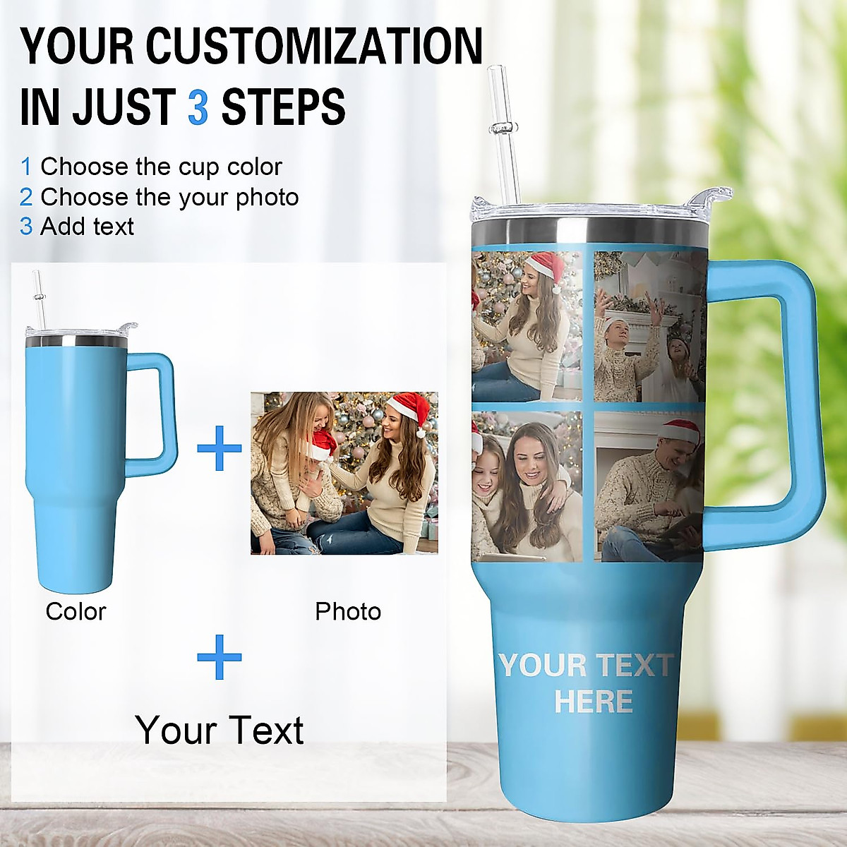 Personalized Gifts Custom Tumbler with Straw 40 Oz Customized Stainless Steel Insulated Travel Cup Add Name,Photo,or Logo,Custom Travel Coffee mug,Personalized Photo Gifts for Women Men