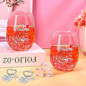 Set of 8 Sister Friends Gifts Not Sisters by Blood But Sisters by Heart 15 oz Funny Stemless Wine Glasses Friendship Keychain Birthday Christmas Gift for Sisters in Law Friends Women Girls Female