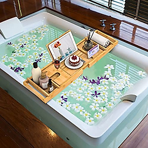 Bamboo Bathtub Tray for Luxury Bathroom, Expandable Premium Bath Tray w/Soap Towel Book Holder, Adjustable Bath Accessories for Tub,Extendable Tub Tray w/Wine Glass Cup Organizer 29.5"-43.3" Nature