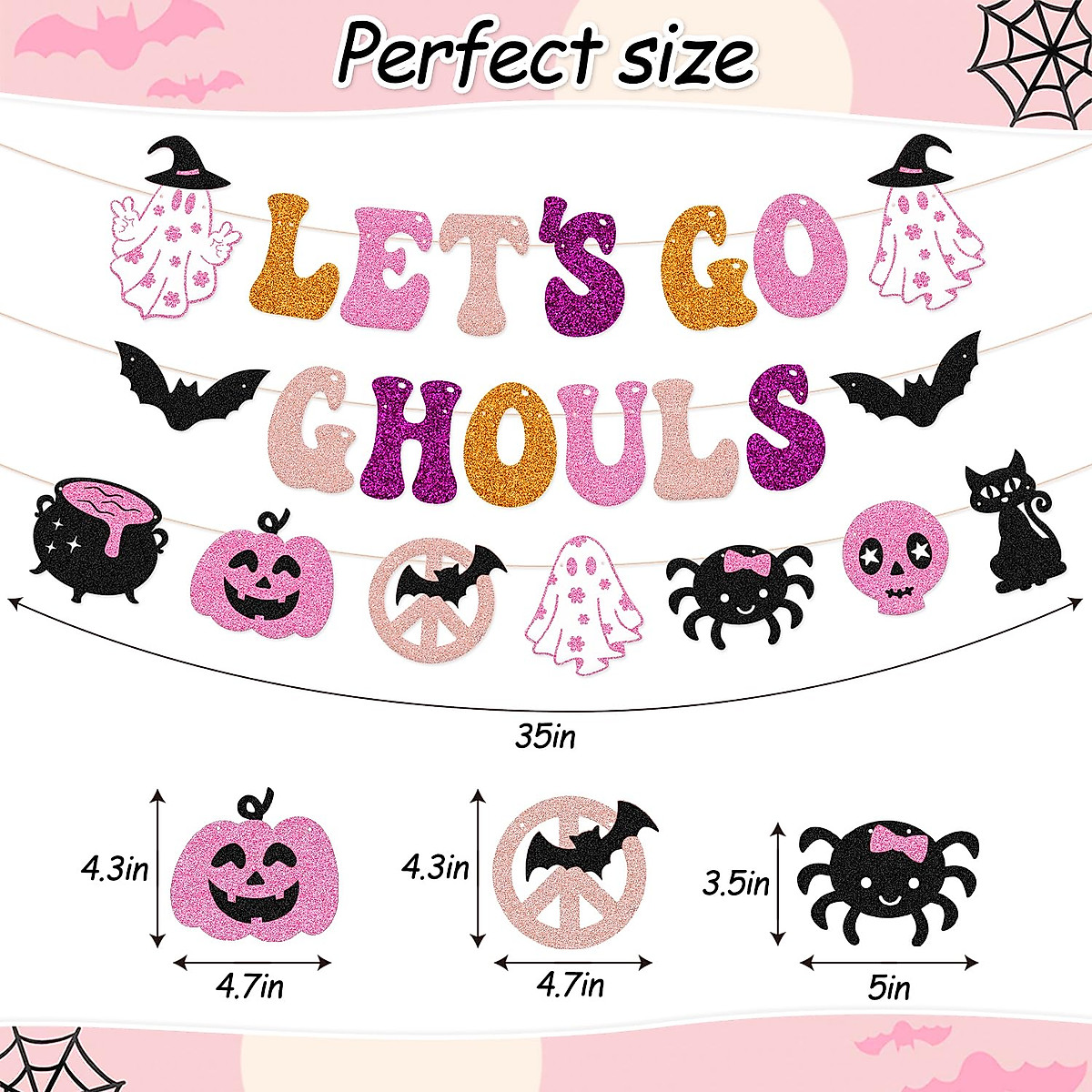 Let’s Go Ghouls Banner Hippie Halloween Party Decorations Retro Groovy Halloween Garland Ghost Bats Pumpkin Skull Cats Spider Witches Theme Halloween Bachelorette Party Supplies