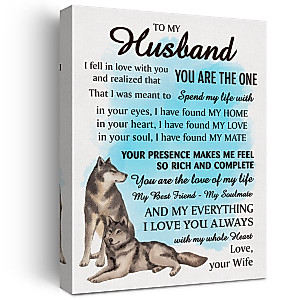 OEWD Romantic to My Husband I Fell in Love with You Canvas Wall Art Poster Print Gift, Watercolors Wolf Husband Painting Ready to Hang Home Decor (11.5" x 15")